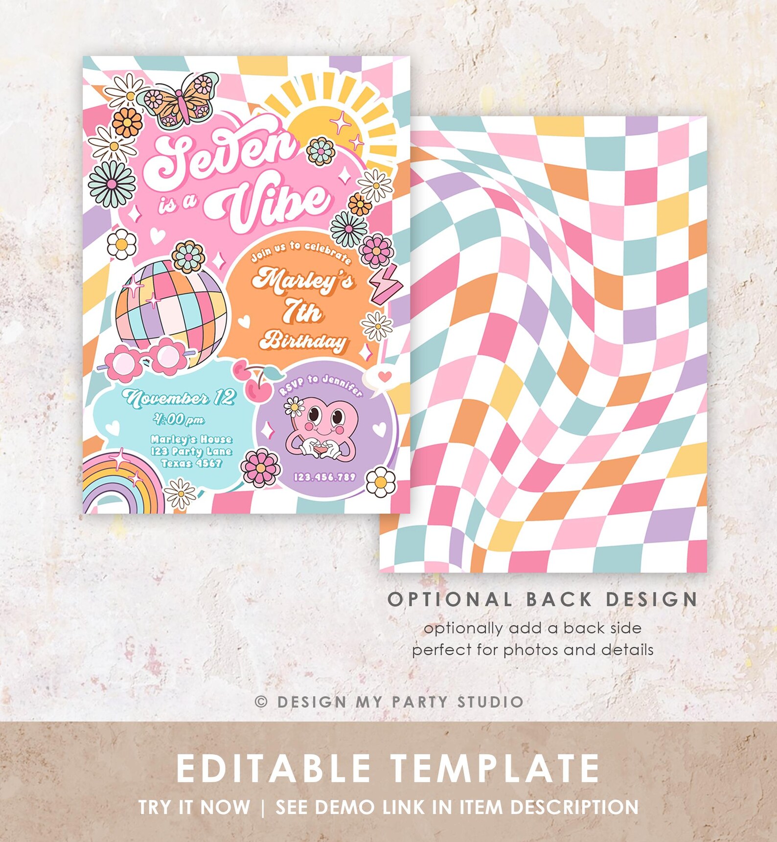 Editable Seven is a Vibe Groovy 7th Birthday Party Invitation Groovy ...