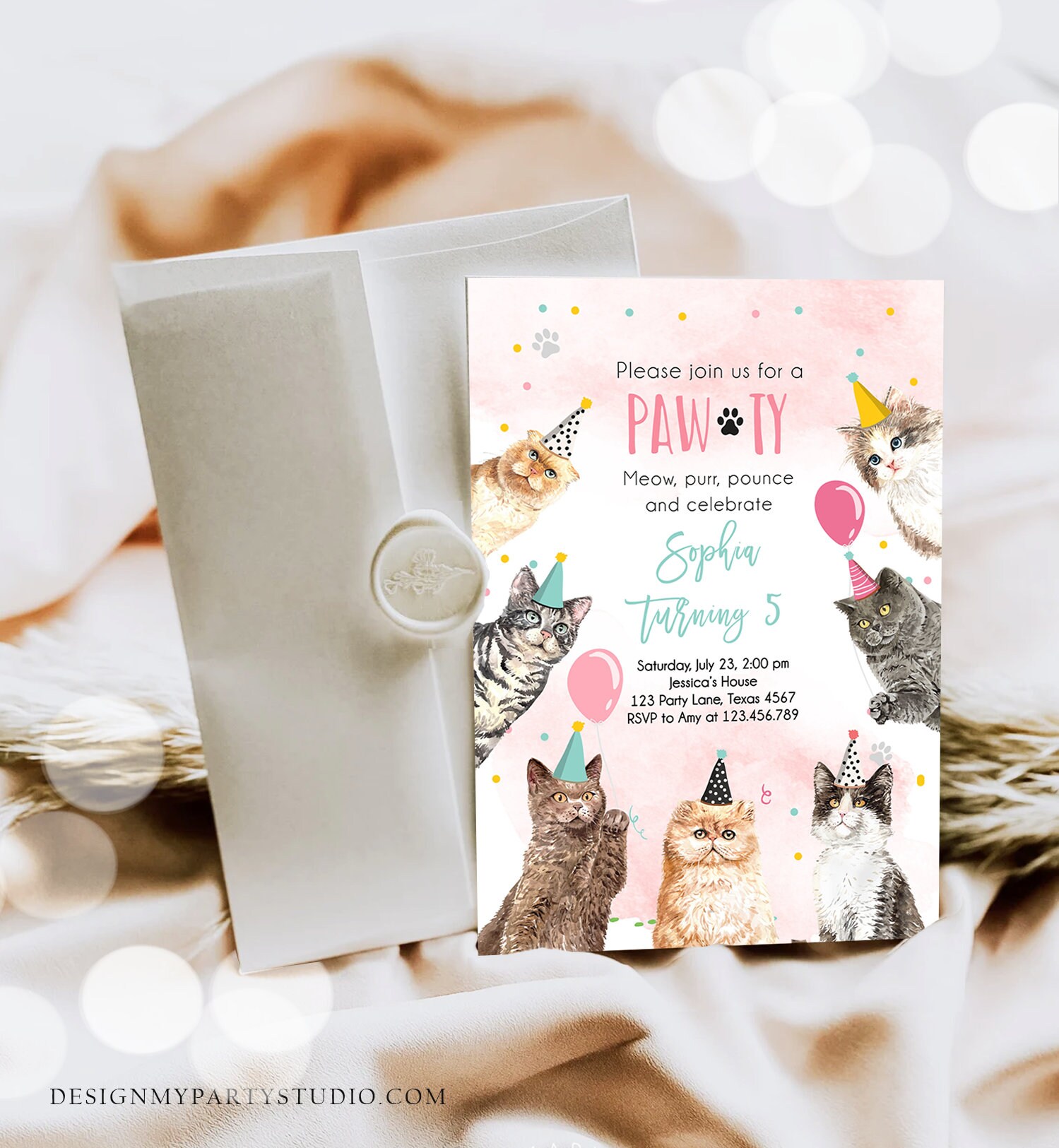 Editable Cat Birthday Party Invitation Kitten Birthday Invite Pink Girl ...