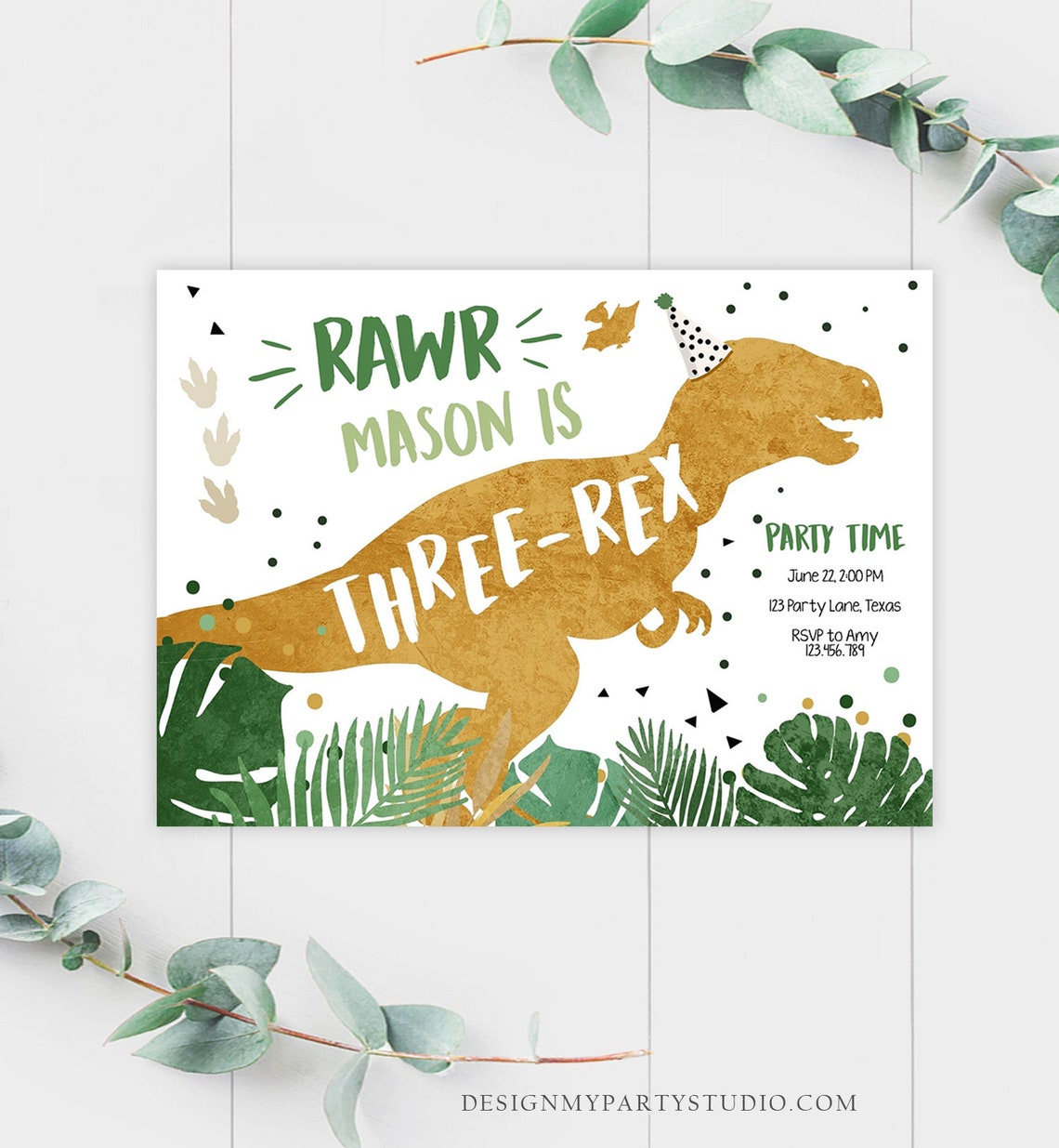 Editable Three-rex Dinosaur Birthday Invitation Dino T-rex | Etsy