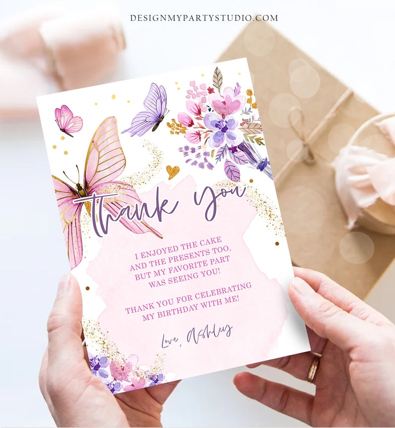 Editable Butterfly Thank You Card Girl Butterfly Kisses Thanks - Etsy