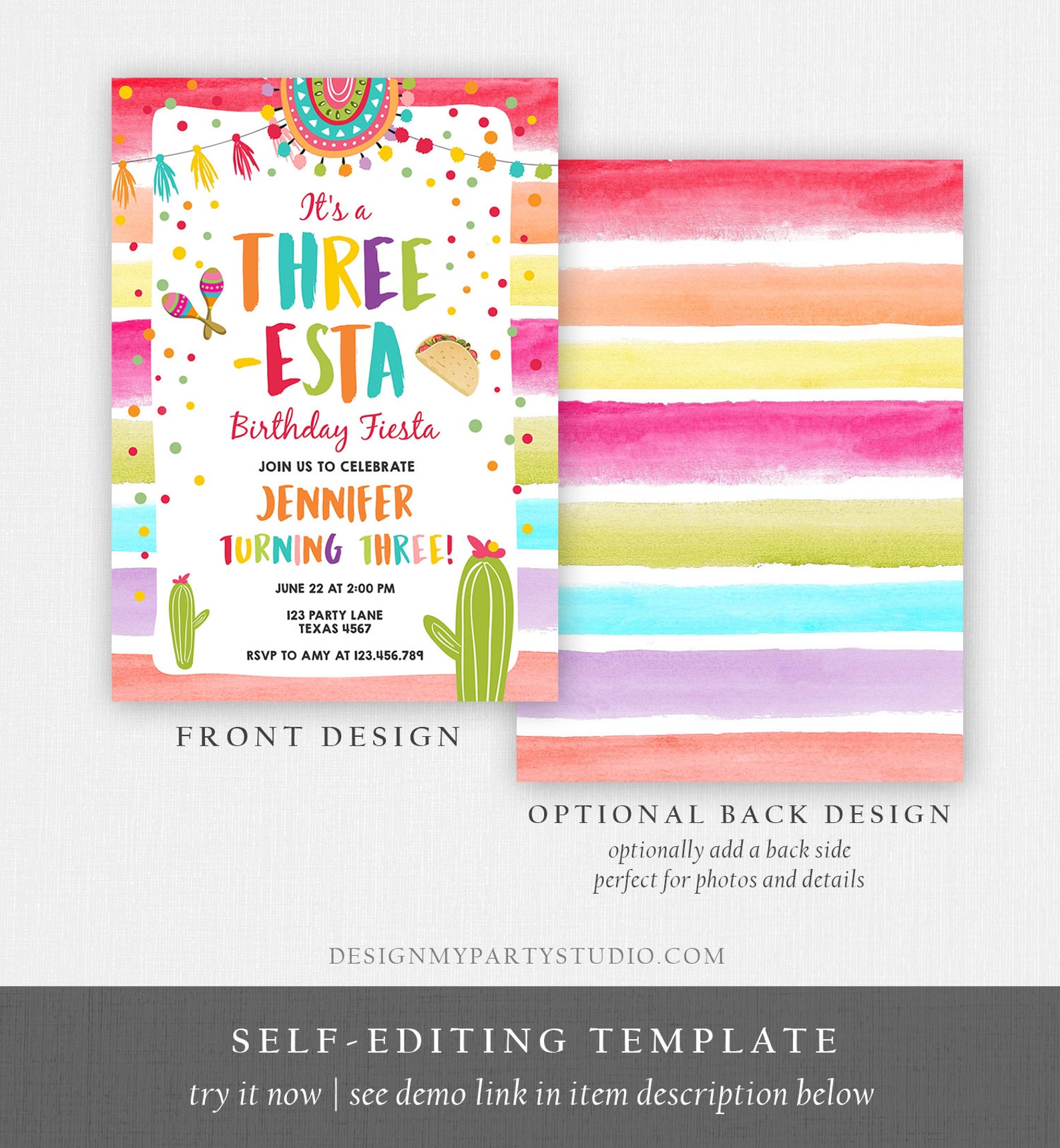 Editable Three-esta Fiesta Birthday Invitation Third Birthday 3rd ...