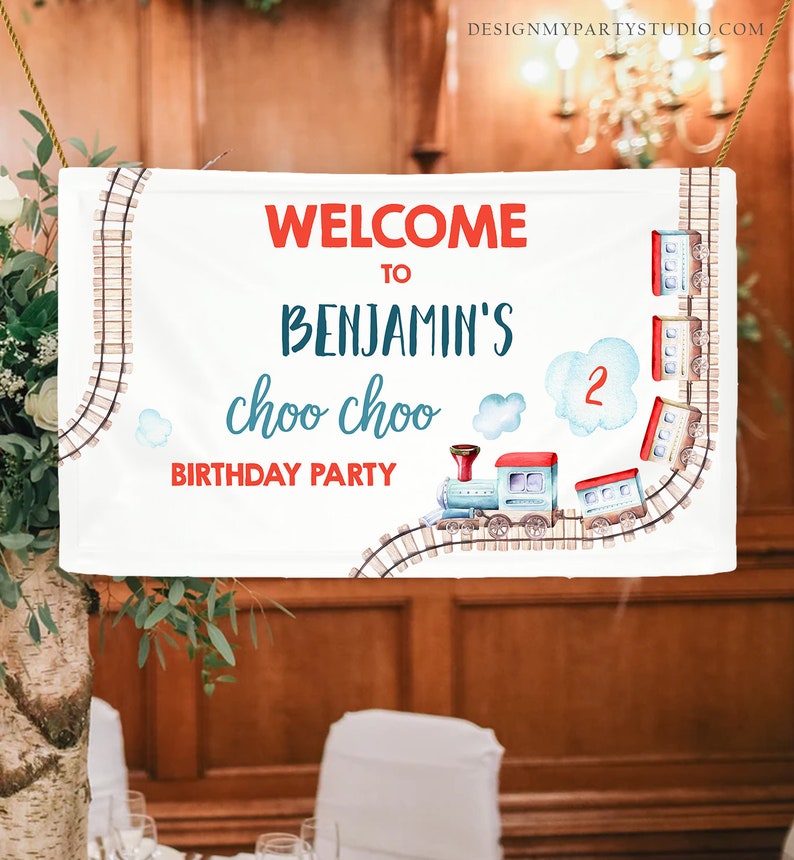 Editable Train Birthday Backdrop Banner Train Party Railroad Vintage ...