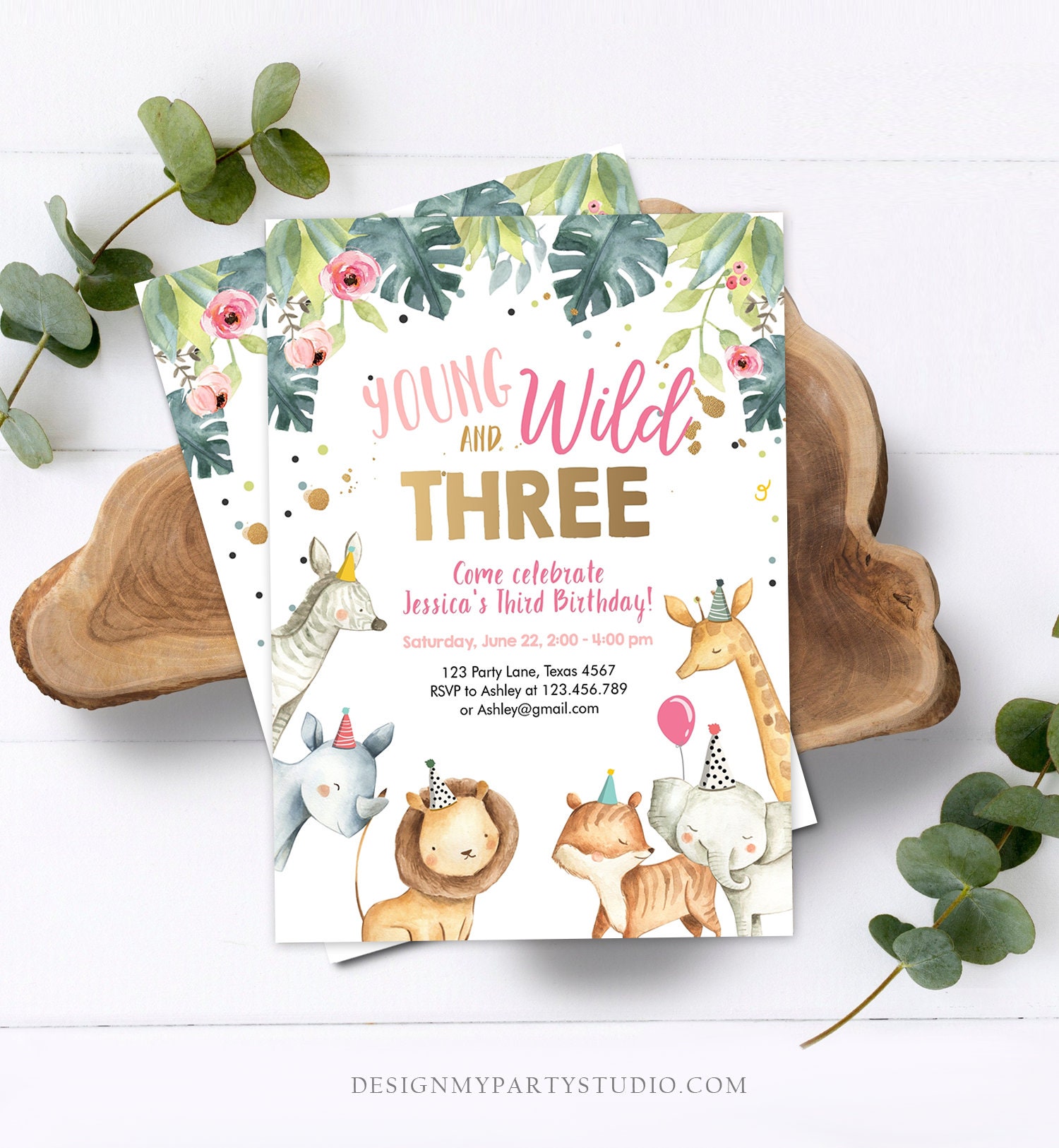 Editable Young Wild and Three Invitation Girl Pink and Gold - Etsy