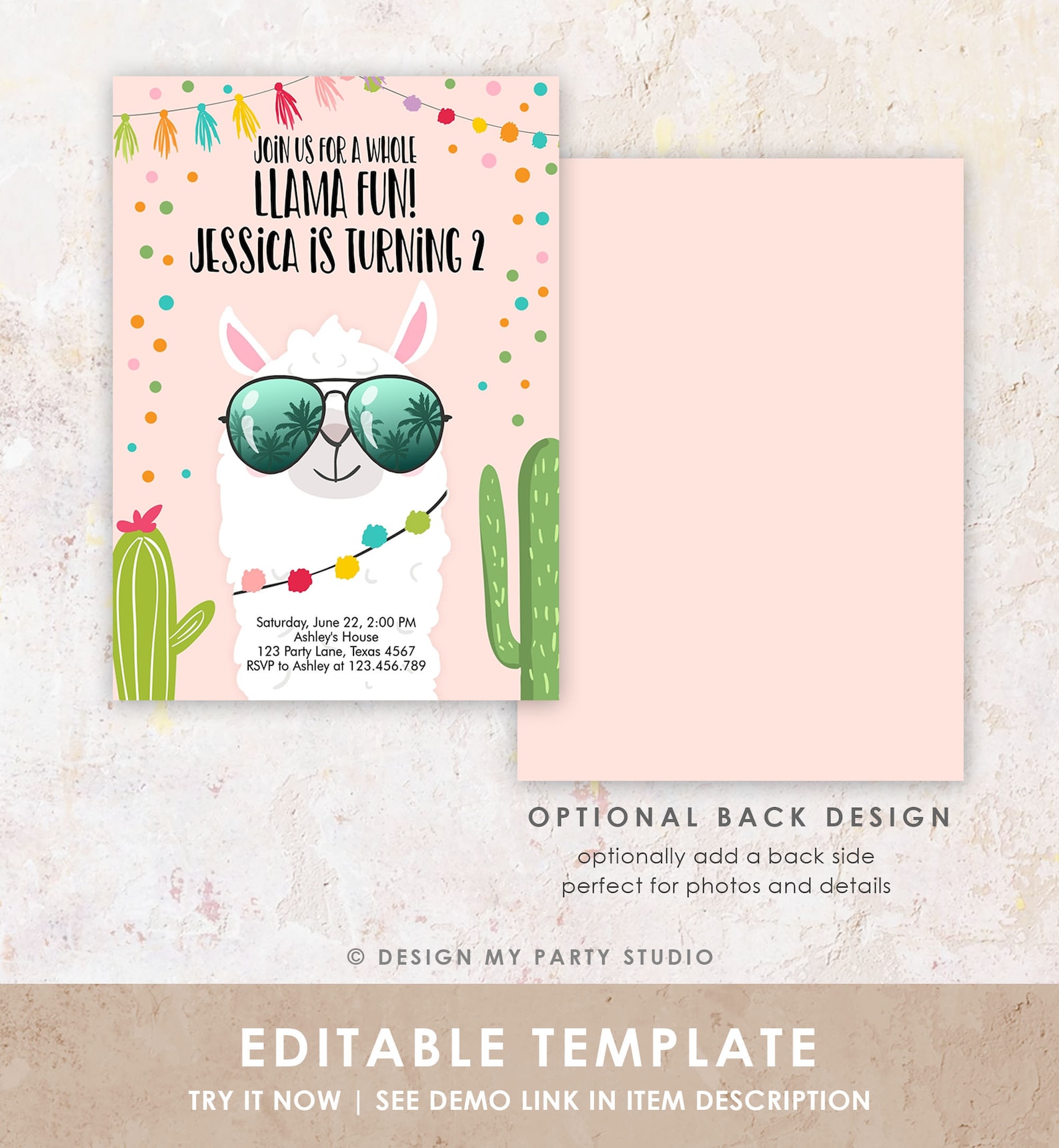 Editable Whole Llama Fun Birthday Invitation Llama Fiesta Cactus ...