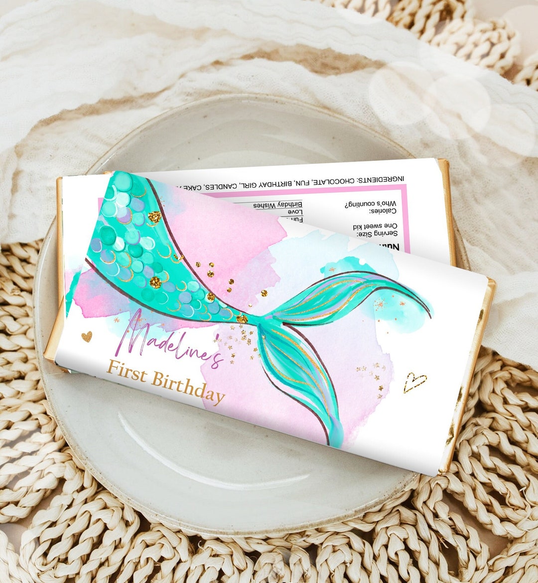 Editable Mermaid Chocolate Bar Wrapper Candy Bar Label Mermaid Tail Girl Pink Under the Sea ...
