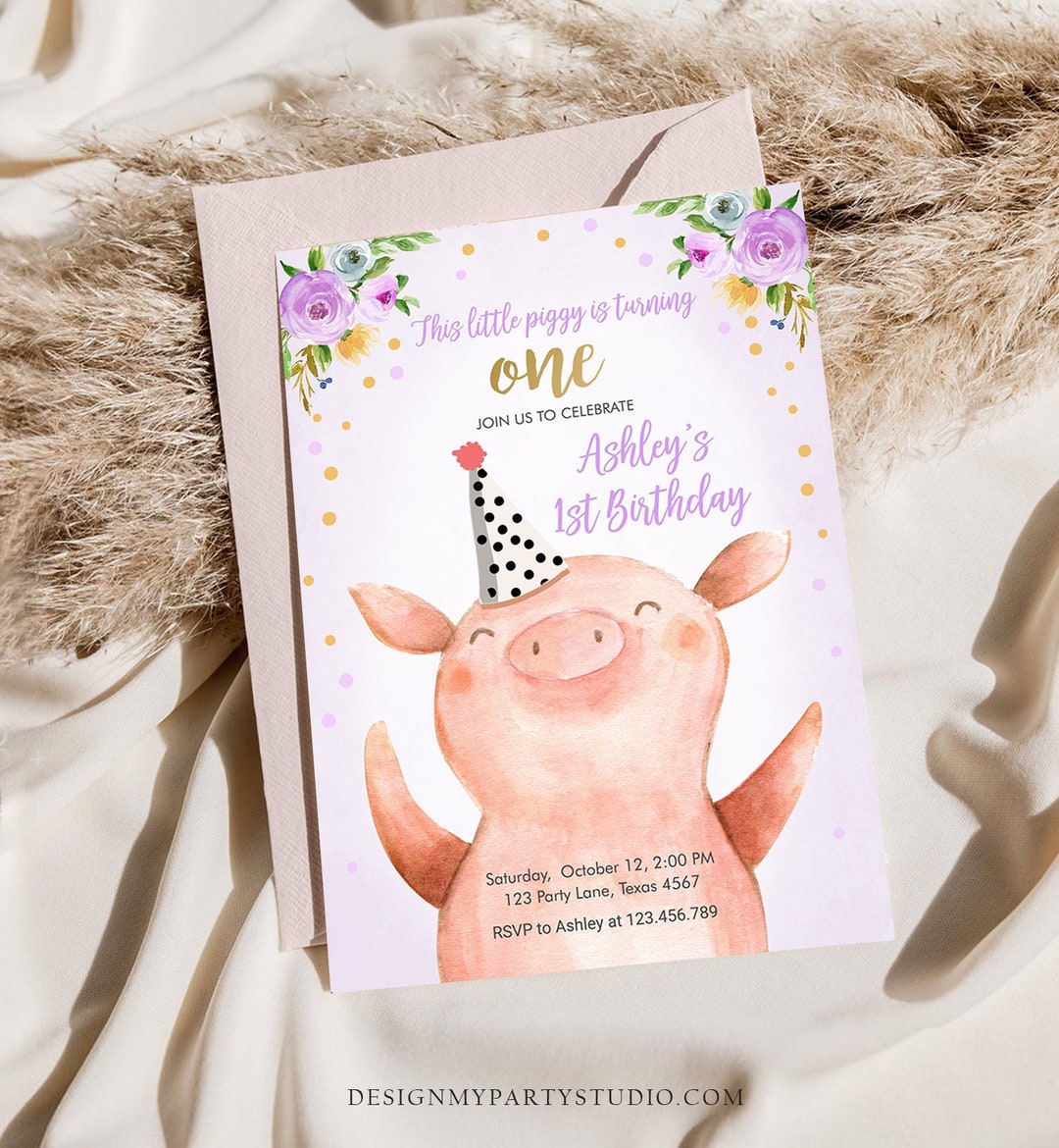 Editable Pig Birthday Invitation Girl Farm Animals Purple Floral ...