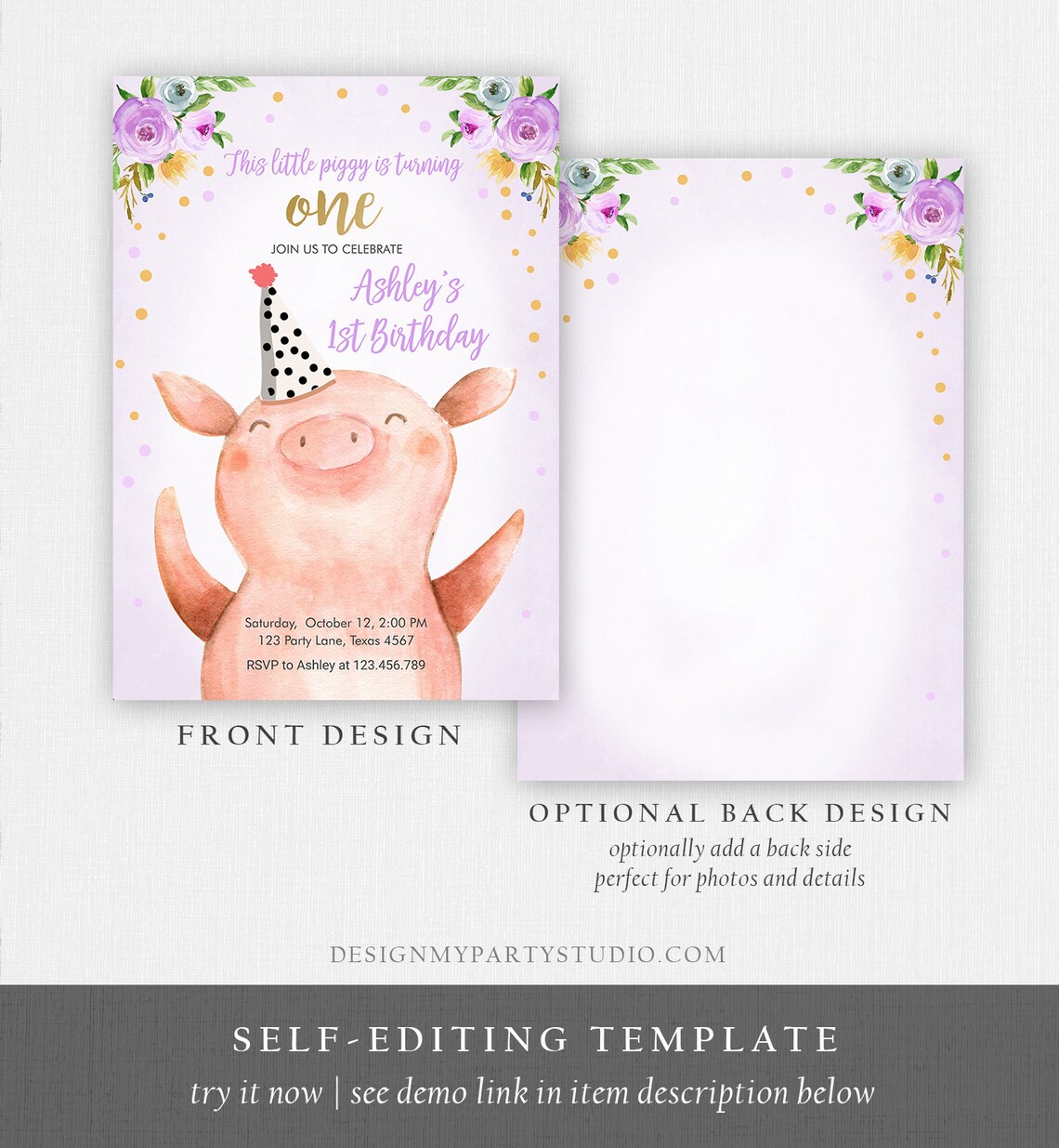 Editable Pig Birthday Invitation Girl Farm Animals Purple - Etsy