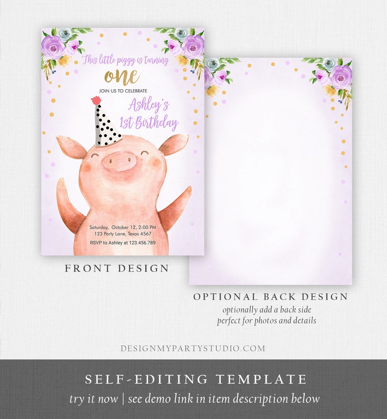 Editable Pig Birthday Invitation Girl Farm Animals Purple - Etsy