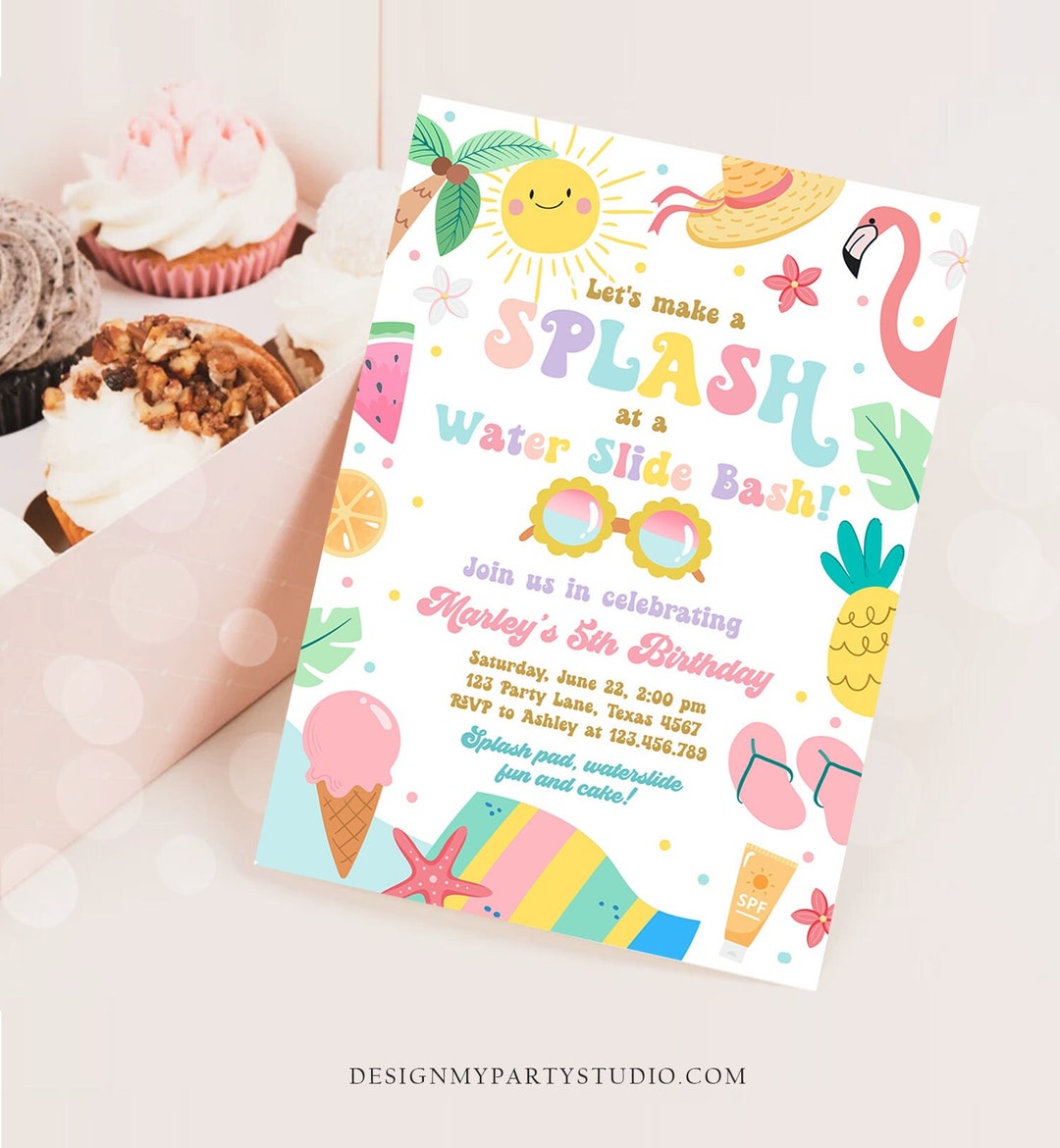 Editable Splish Splash Birthday Invitation Pool Party Girl Summer ...