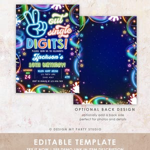 Editable Peace Out Single Digits Birthday Invitation Neon Glow Disco ...
