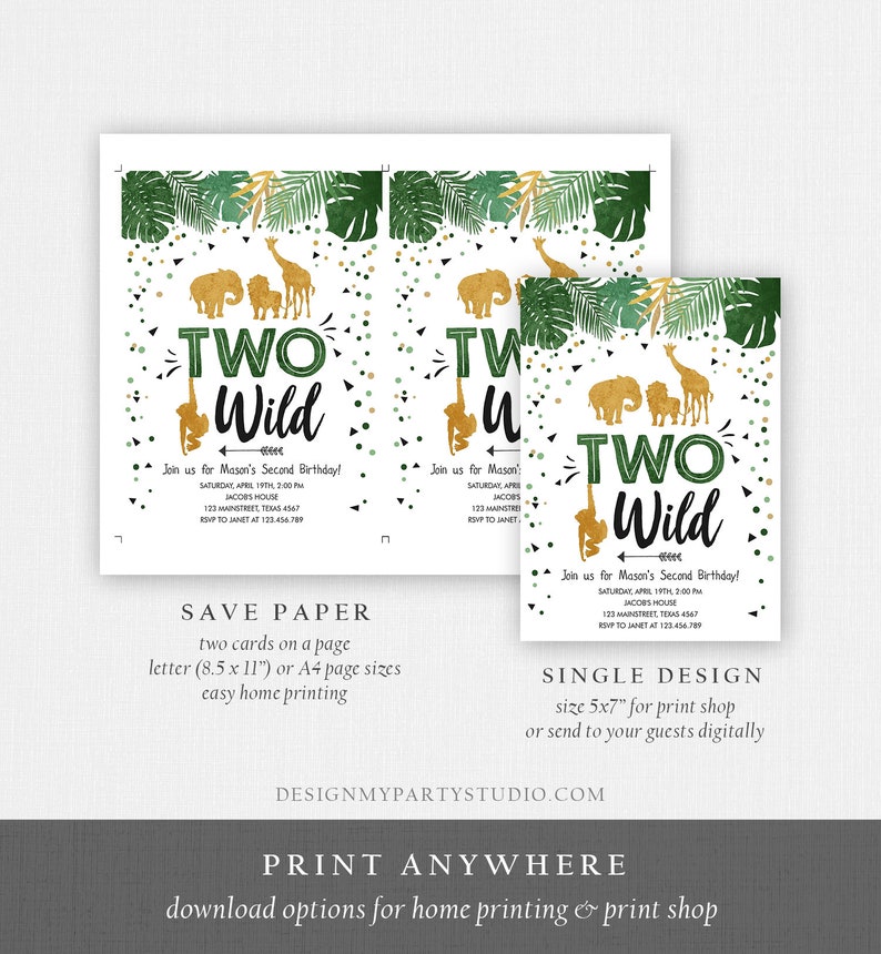Editable Two Wild Birthday Invitation Safari Animals Party - Etsy