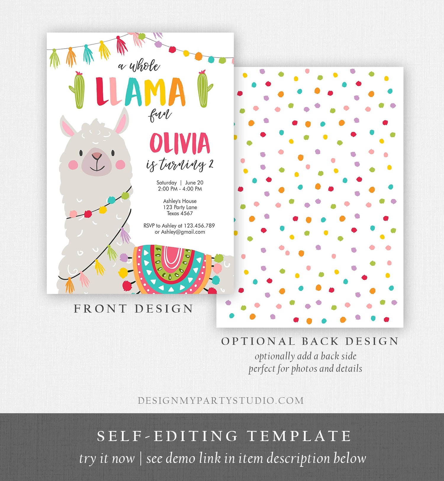 Editable Whole Llama Fun Birthday Invitation Fiesta Mexican Cactus ...