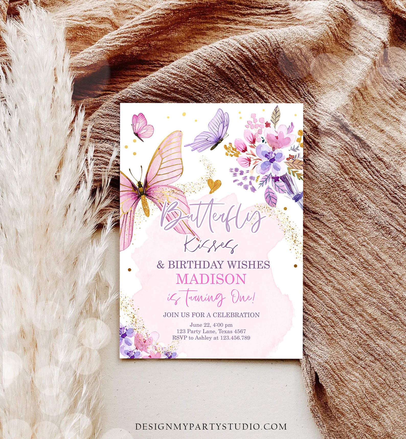 Editable Butterfly Birthday Invitation Girl Butterfly Kisses - Etsy