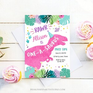 Editable One-a-saurus Dinosaur Birthday Invitation Dino T-rex First ...