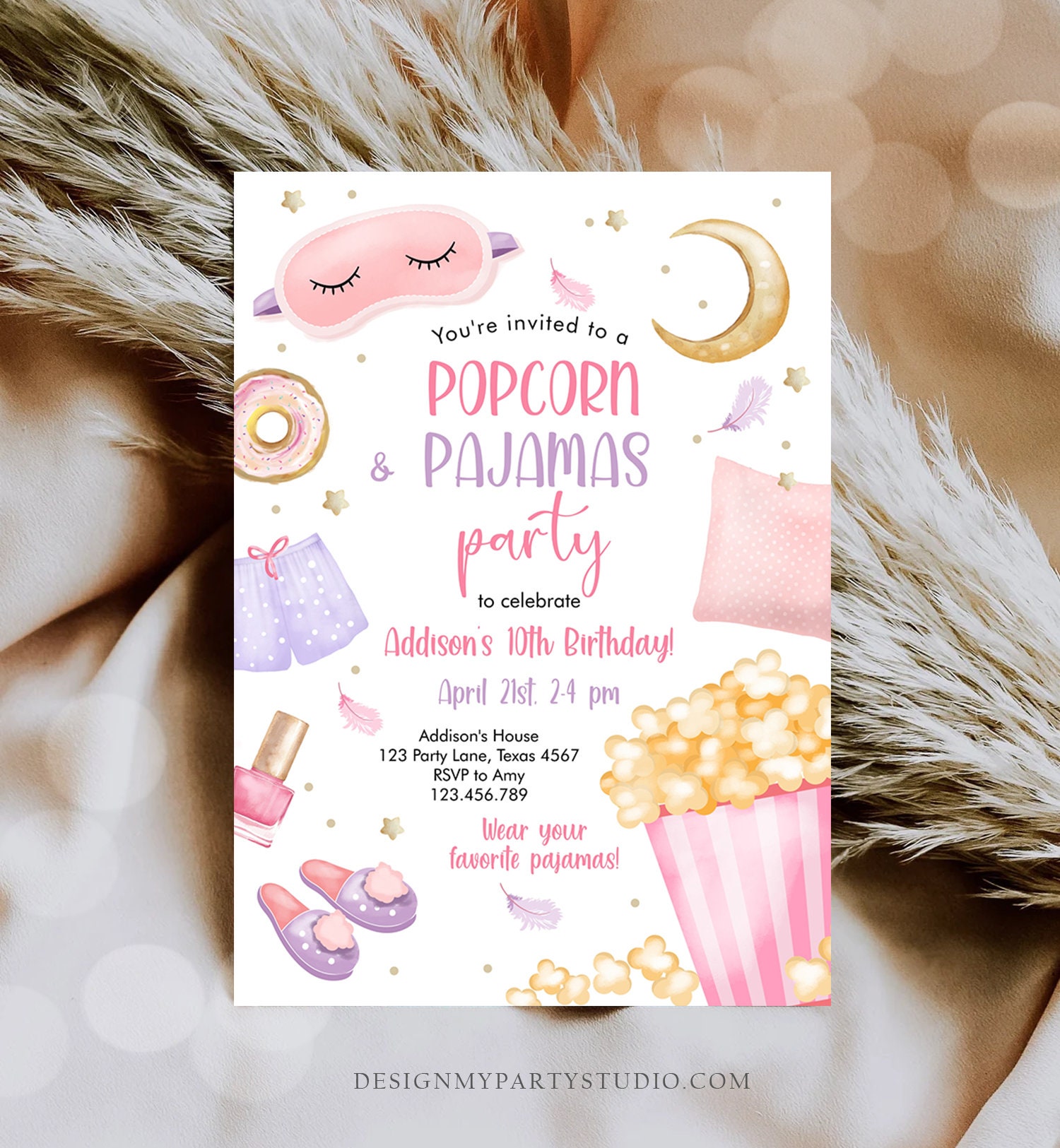 Editable Popcorn and Pajamas Birthday Invitation Movie Night - Etsy