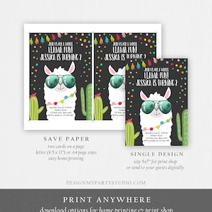 Editable Whole Llama Fun Birthday Invitation Fiesta Llama Cactus ...