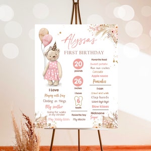 Editable Teddy Bear 1st Birthday Milestones Sign Girl Teddy Bear Picnic ...