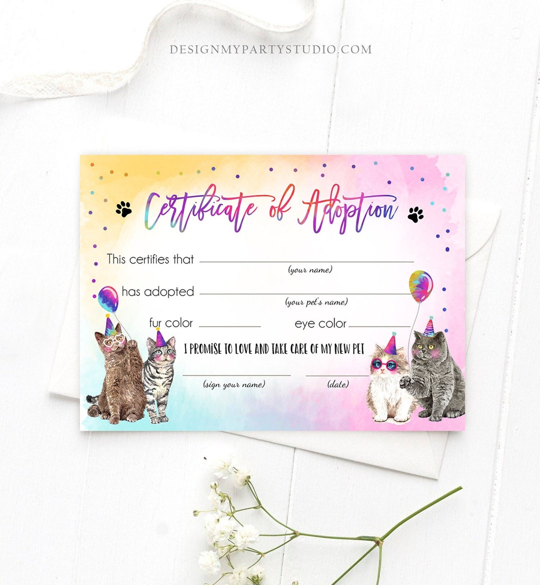 Pet Adoption Certificate Cat Adoption Cat Birthday Party Adopt A Cat ...