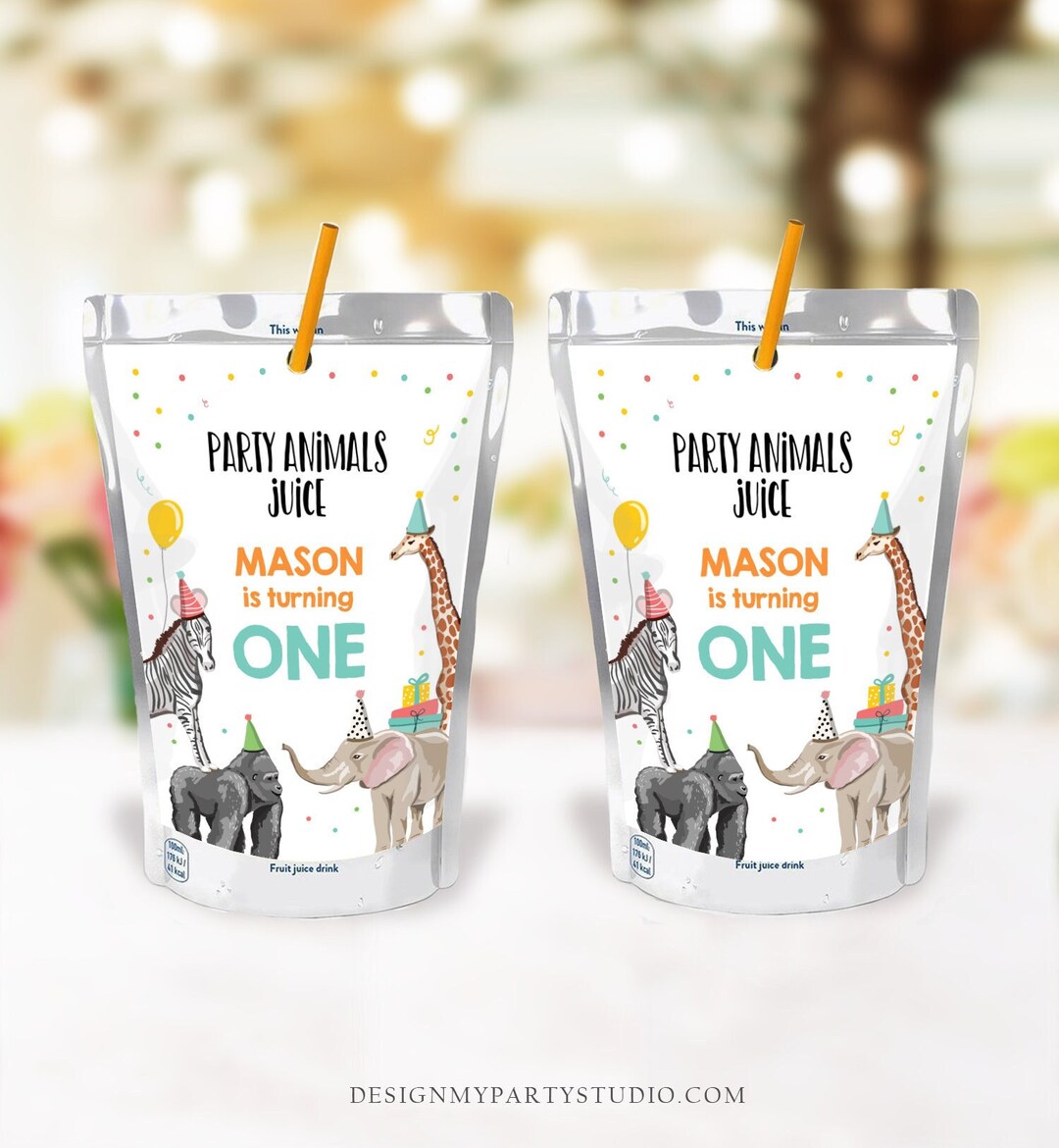 Editable Party Animals Juice Pouch Label Juice Favors Party Animals ...
