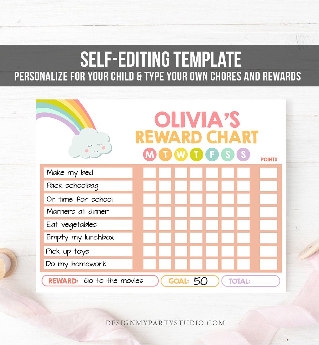 Editable Rainbow Reward Chart for Girls Printable Rainbow Chore Chart ...