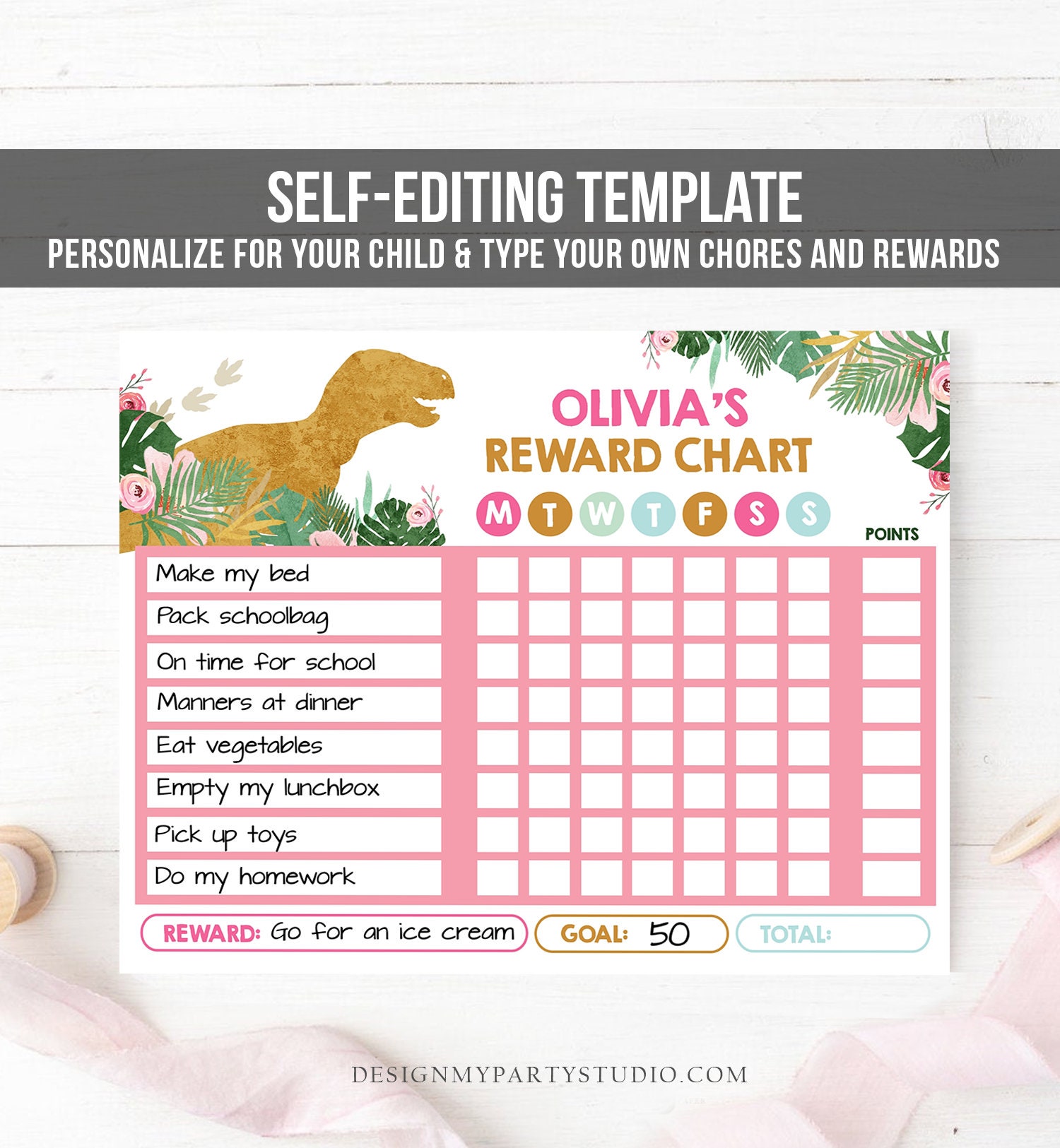 Editable Dinosaur Reward Chart for Girls Pink Dino Chore Chart - Etsy