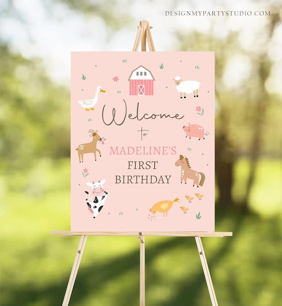 Editable Pink Farm Birthday Welcome Sign Barnyard Birthday Welcome Sign ...
