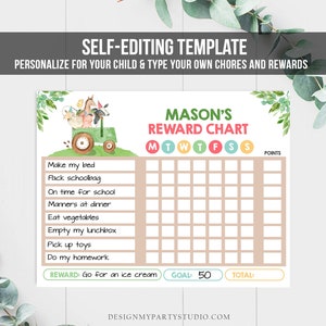 Editable Farm Animals Reward Chart Daily Routine Chart for Kids Green ...