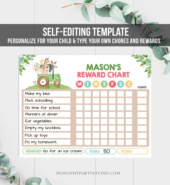 Editable Farm Animals Reward Chart Daily Routine Chart for Kids Green ...