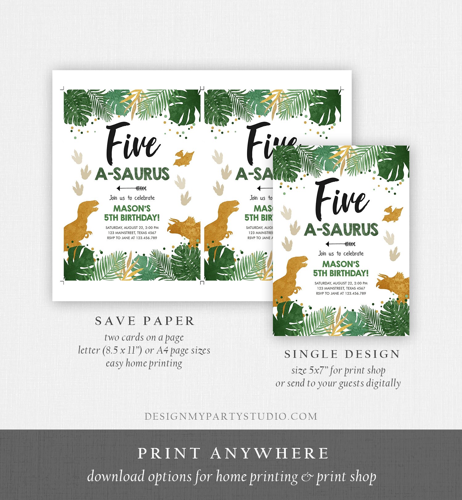 Editable Five-a-saurus Birthday Invitation ANY AGE Dinosaur Dino Party ...
