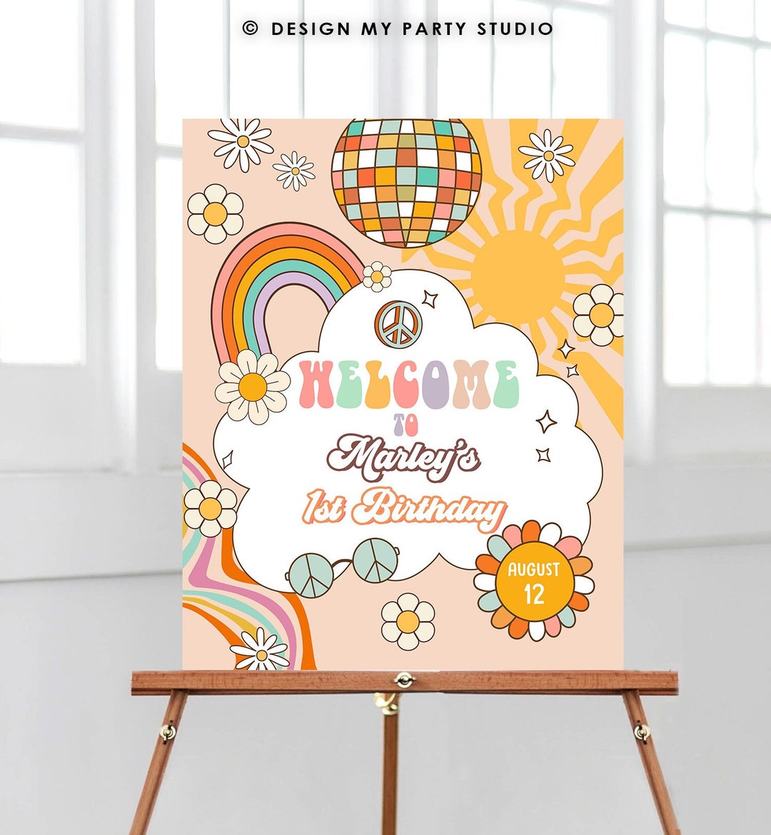 Editable Groovy Birthday Welcome Sign Floral Boho Birthday Welcome Sign ...