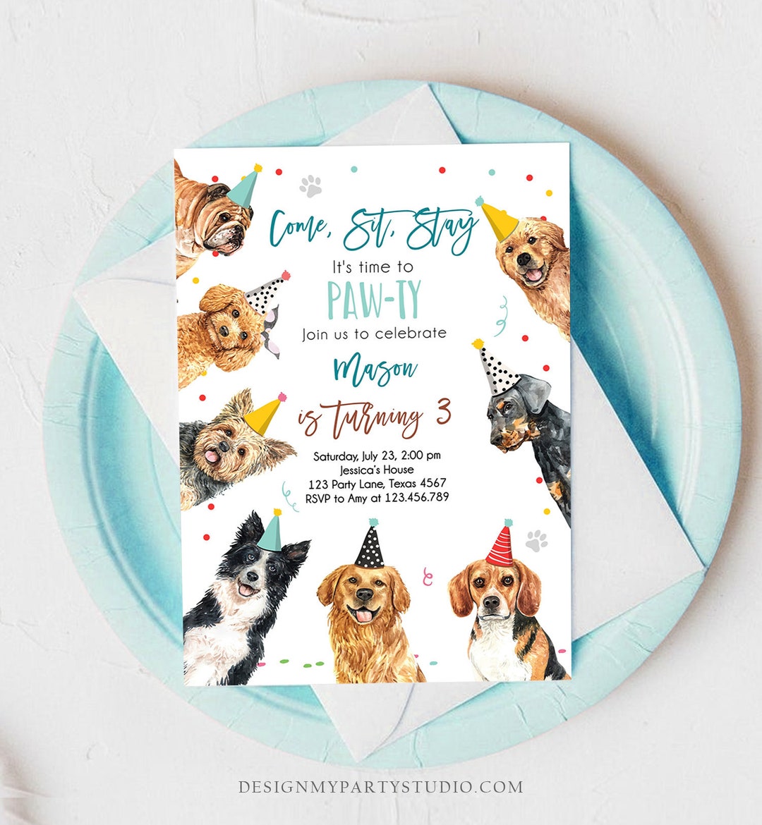 Editable Dog Birthday Party Invitation Puppy Birthday Invite Boys Blue ...