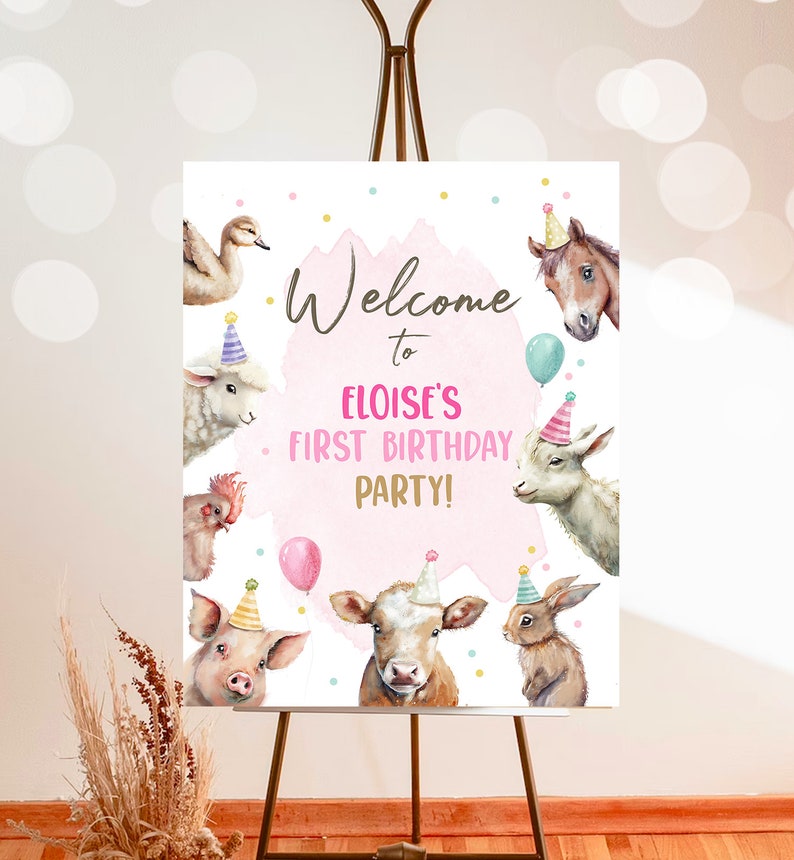 Editable Pink Farm Birthday Welcome Sign Barnyard Birthday Welcome Sign ...