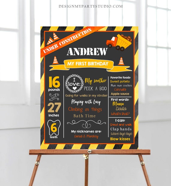 Editable Construction Birthday Milestones Sign Poster First Birthday ...