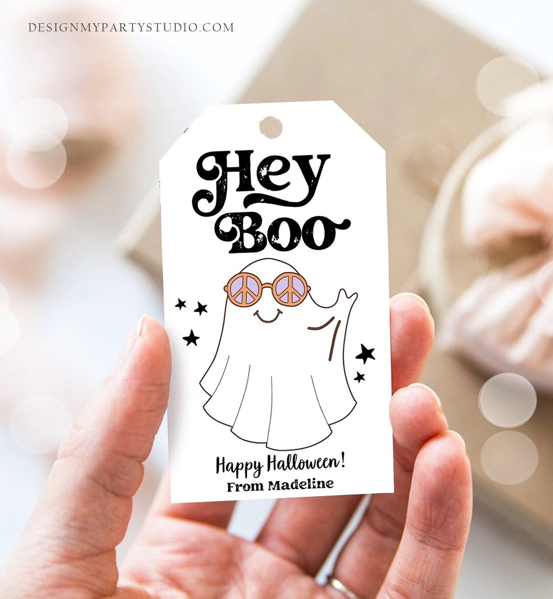 Editable Retro Halloween Favor Tags Hey Boo Gift Tags Costume Party ...