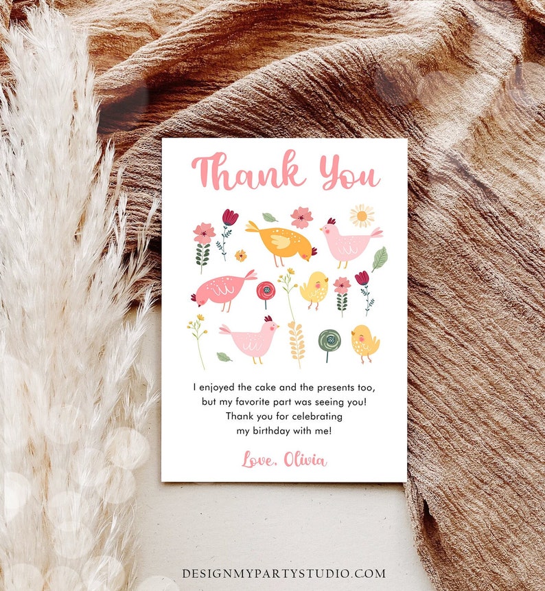 Editable Little Chick Birthday Thank You Card Pink Gingham Farm ...