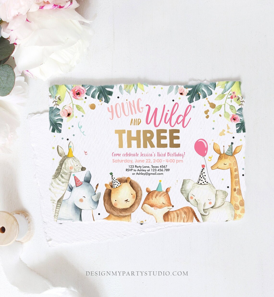 Editable Young Wild and Three Invitation Girl Pink Gold Watercolor ...