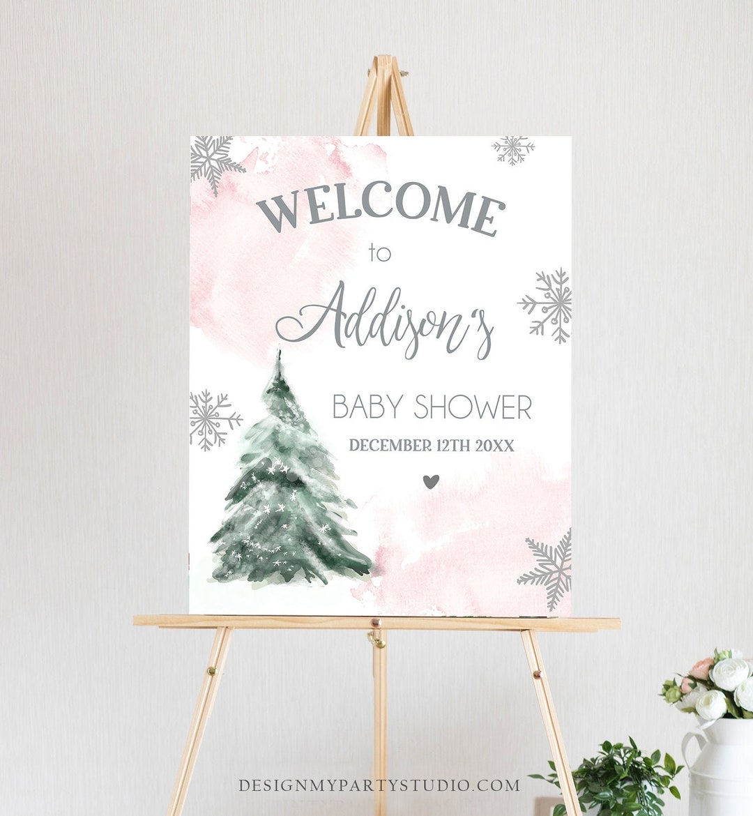 Editable Winter Tree Welcome Sign Tree Watercolor Baby Shower Girl ...
