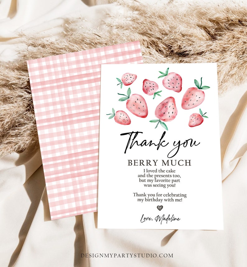 Editable Strawberry Thank You Card Strawberry Birthday First - Etsy