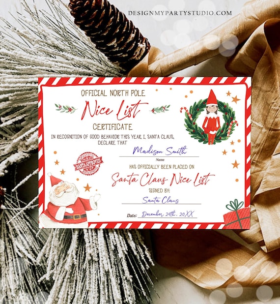 Editable Santa Claus Official Nice List Certificate Elf Girl Letter ...