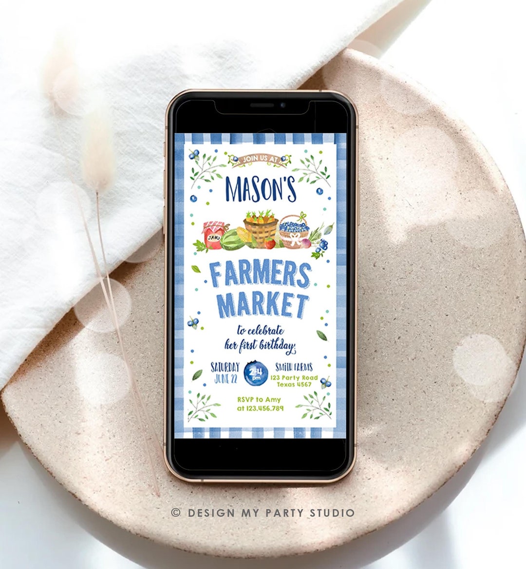 Editable Farmers Market Birthday Invitation Blueberry Strawberry Farm ...