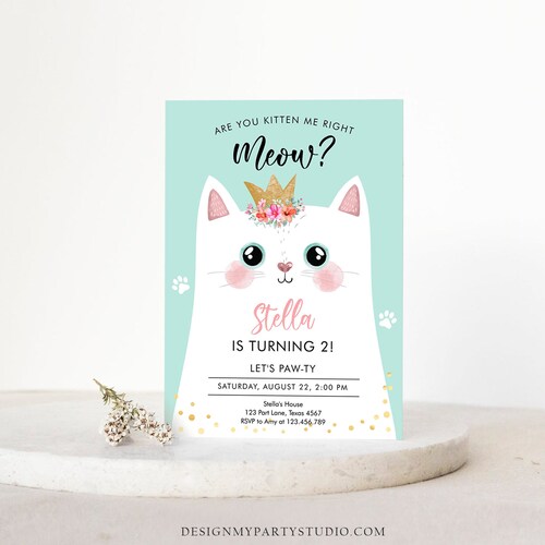 Kitten Birthday Invitation Cat Invitation Kitty Cat Are You - Etsy