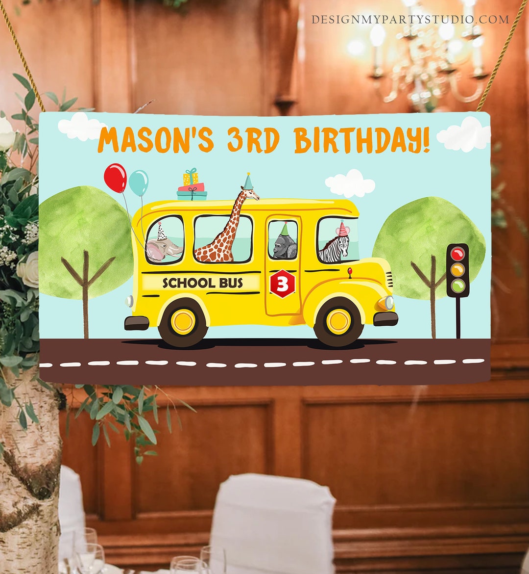Editable Wheels on the Bus Backdrop Banner School Bus Birthday Boy ...