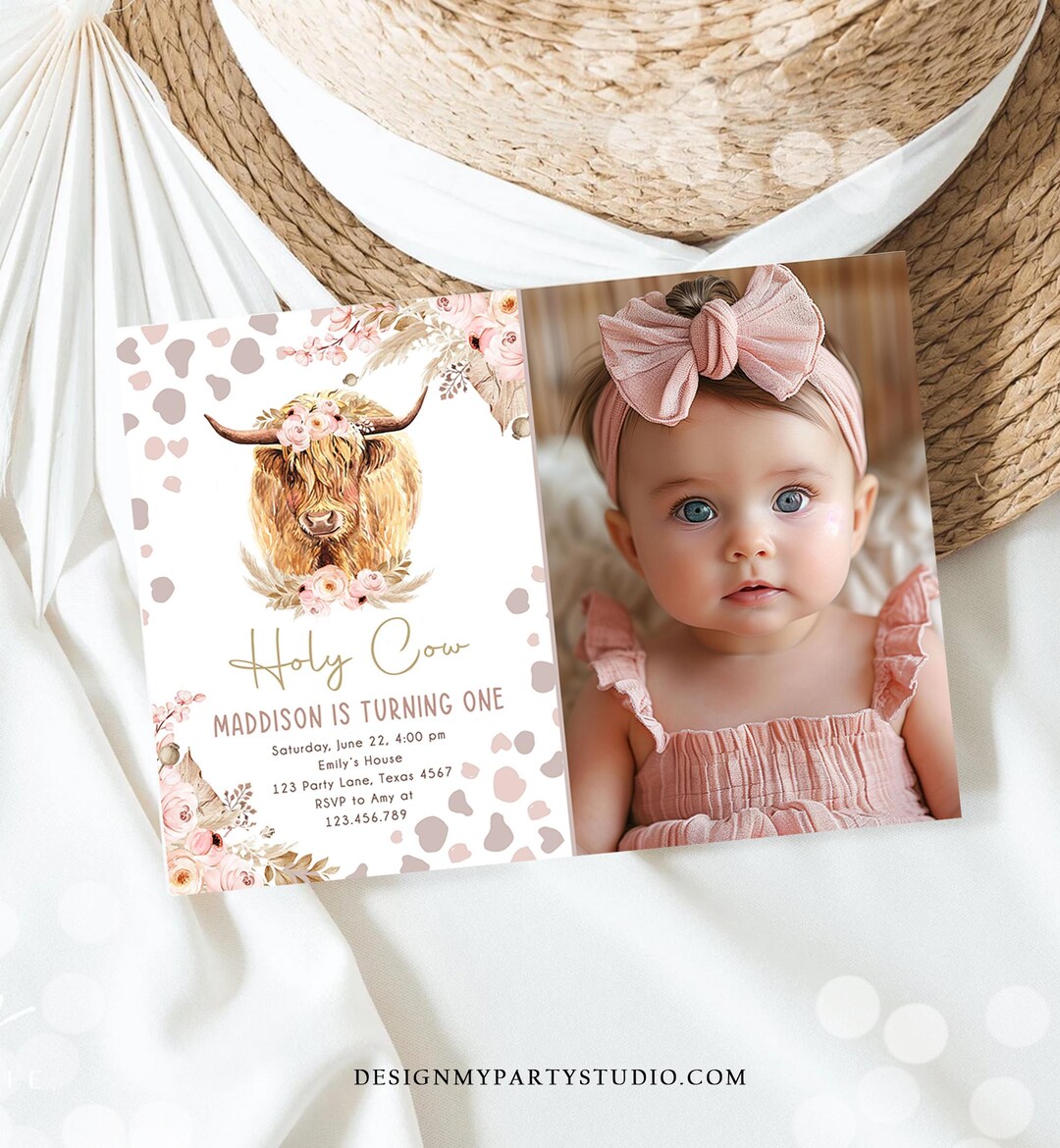 Editable Holy Cow Birthday Invitation Boho Girl Farm Animals Pink ...