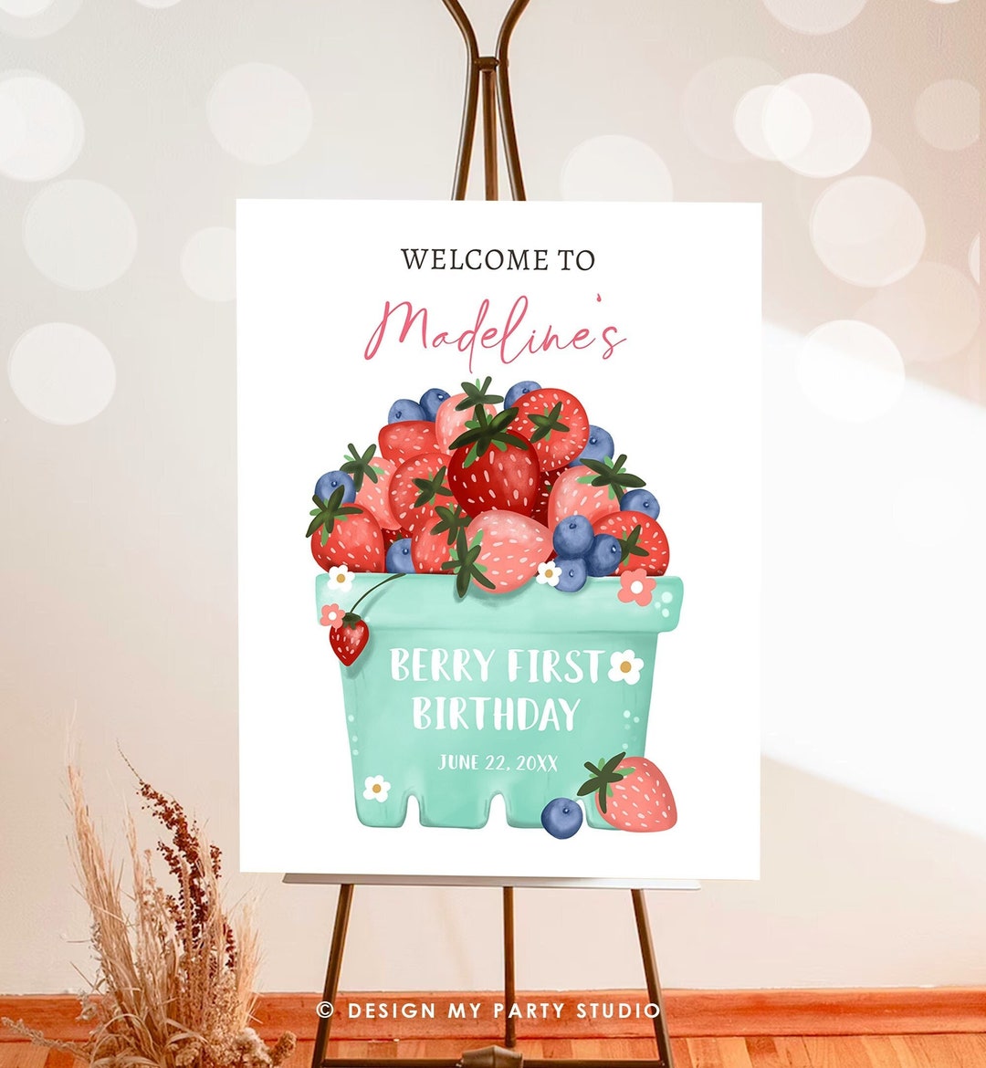 Editable Berry First Birthday Welcome Sign Strawberry Blueberry Party ...