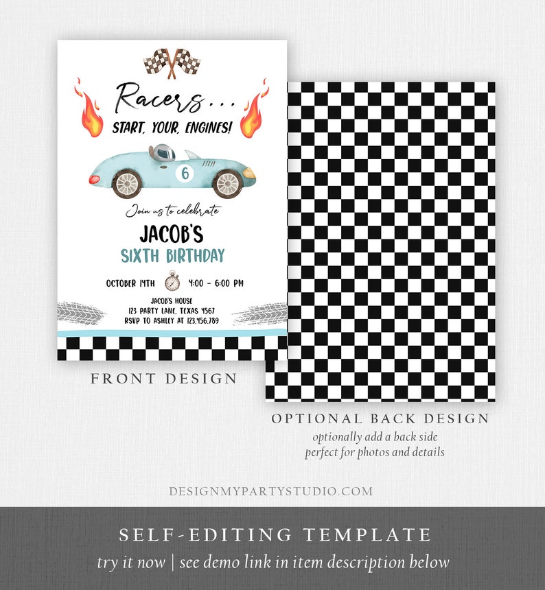 Editable Racing Birthday Invitation Racers Start Your Engines Race Car ...