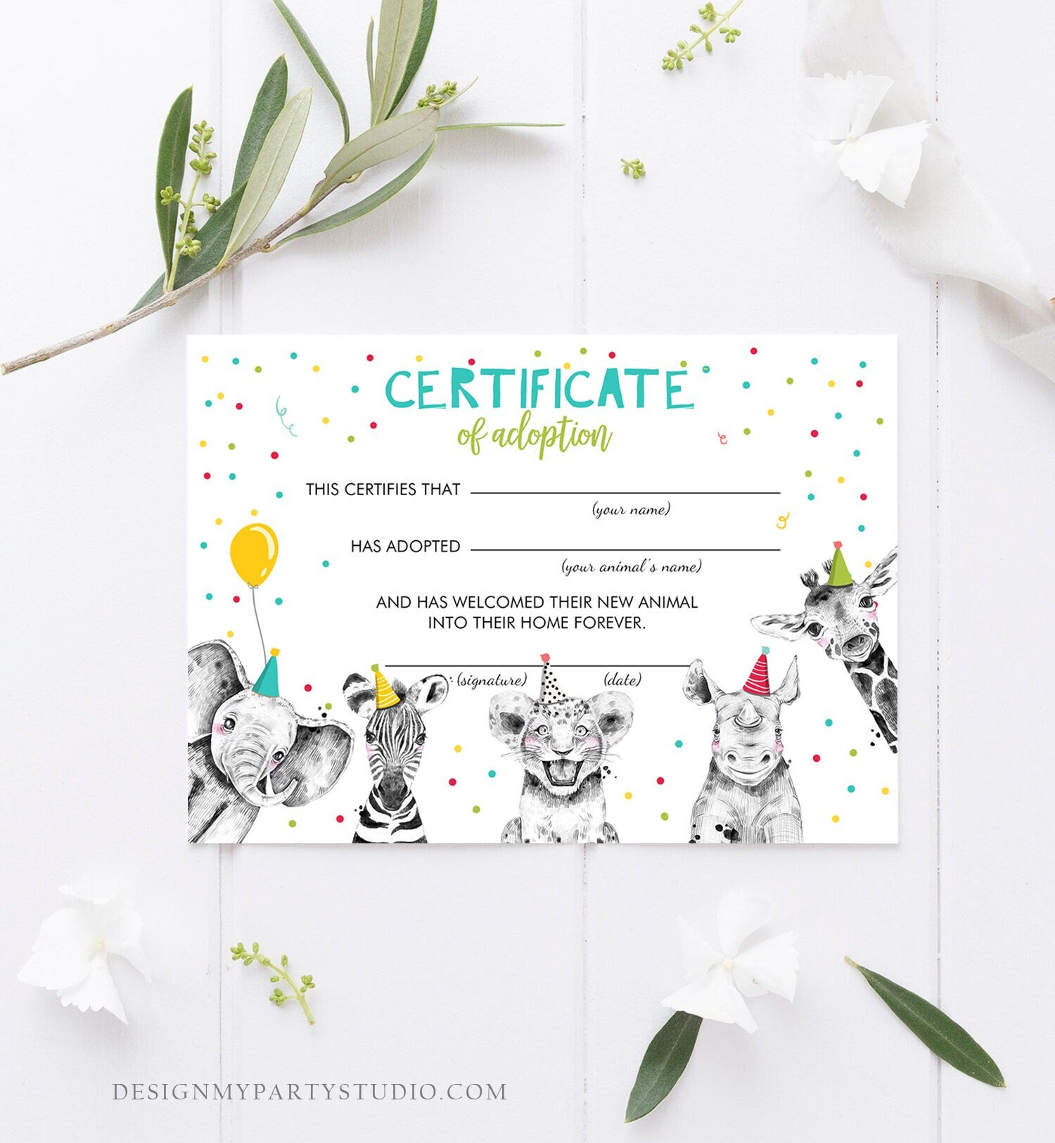 Adopt an Animal Adoption Certificate Safari Animals Adoption Wild One ...