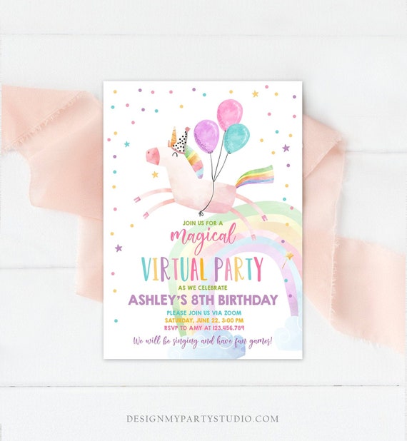 Editable Unicorn Virtual Birthday Party Invitation Virtual Party Invite ...
