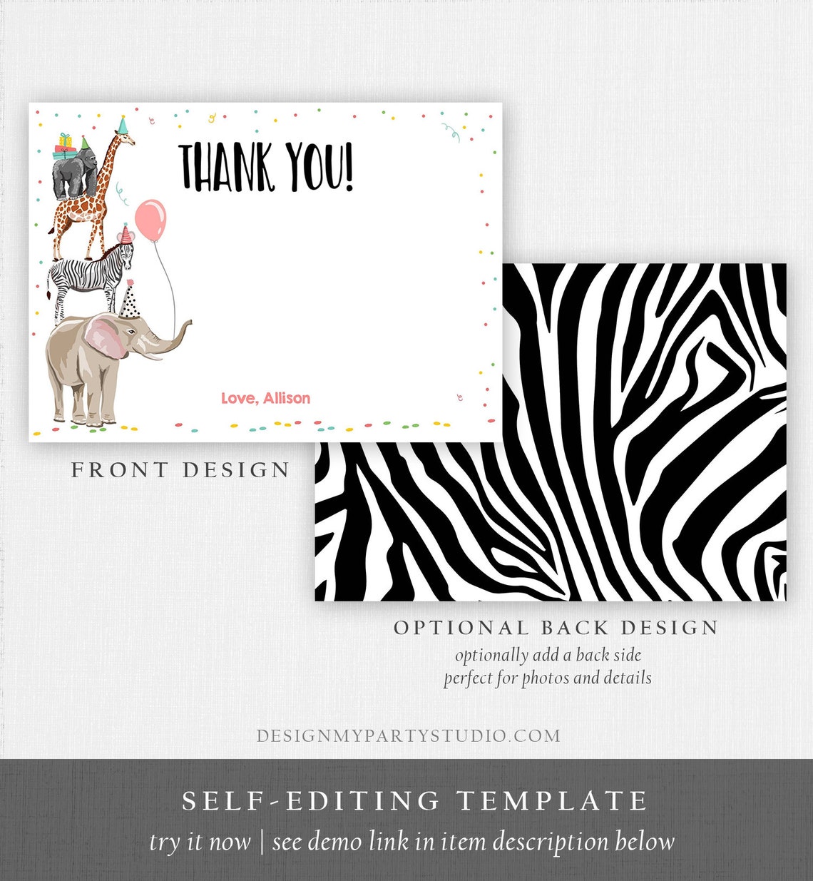 Editable Party Animals Thank You Card Note Wild One Safari - Etsy