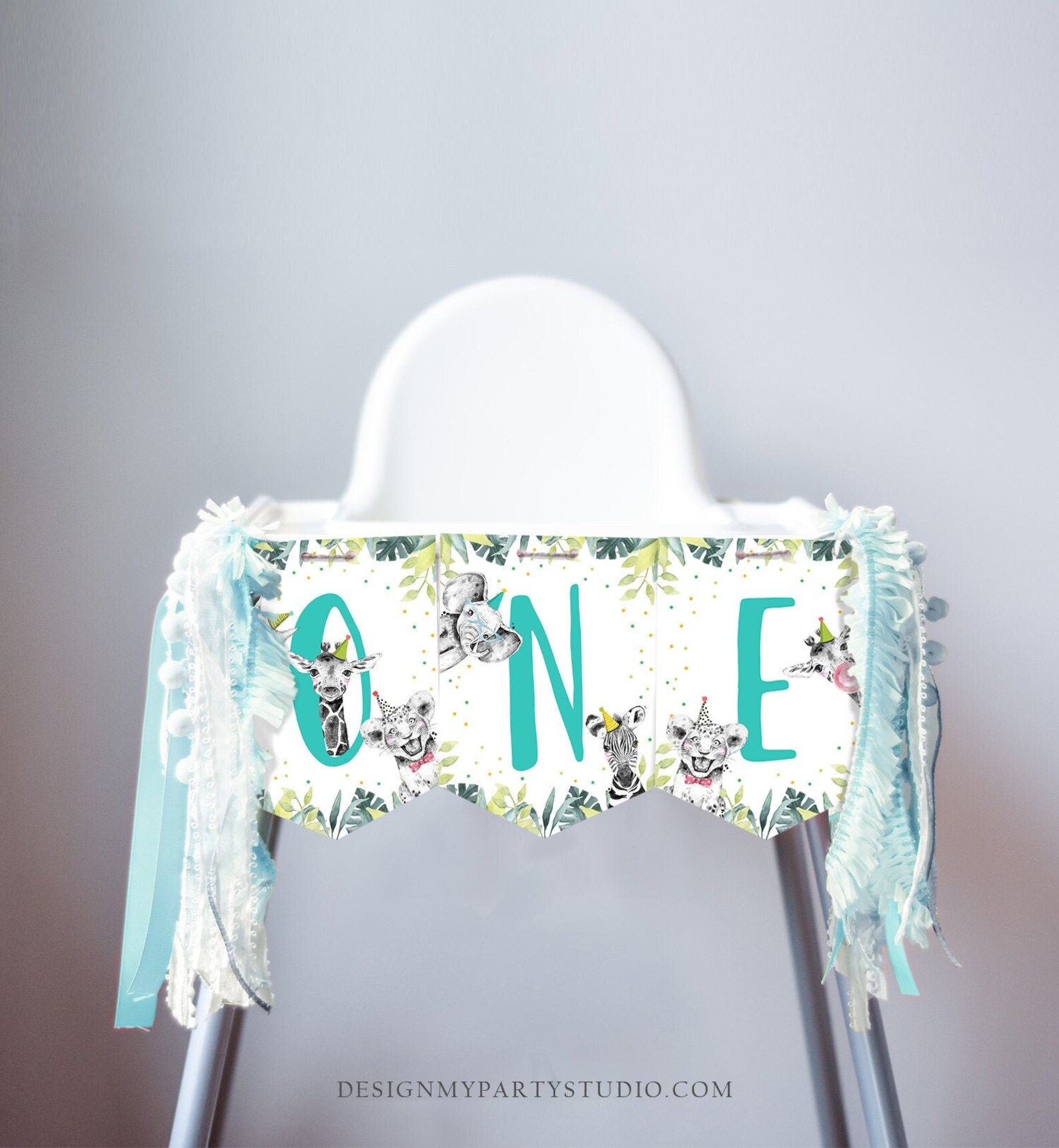 High Chair Banner Safari Animals Boy Party Animals Wild One Birthday ...