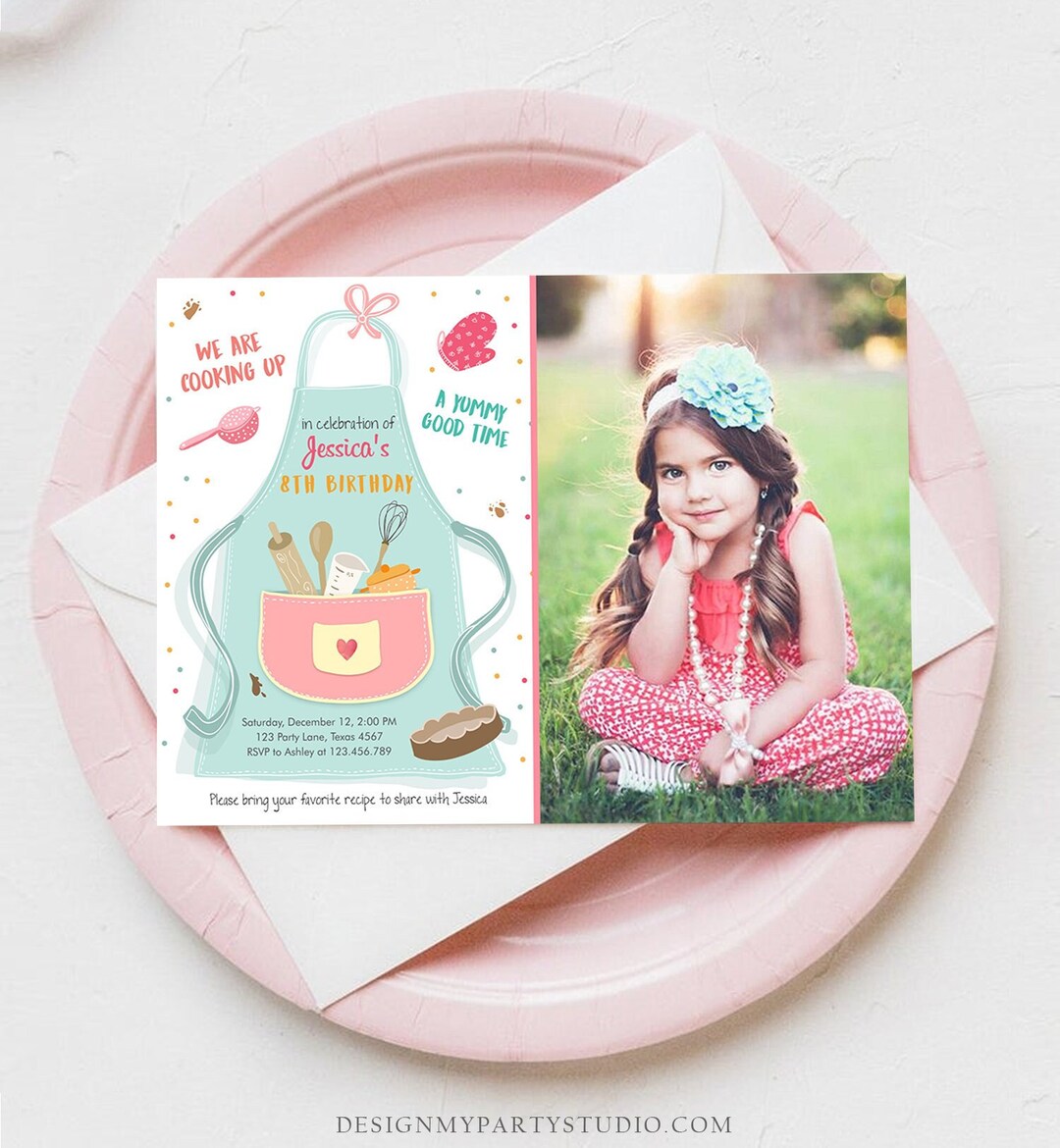 Editable Kids Kitchen Cooking Birthday Invitation Pink Girl Chef Baking ...